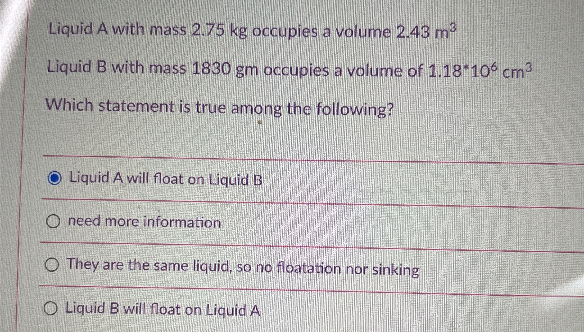 Solved Liquid A with mass 2.75kg ﻿occupies a volume | Chegg.com