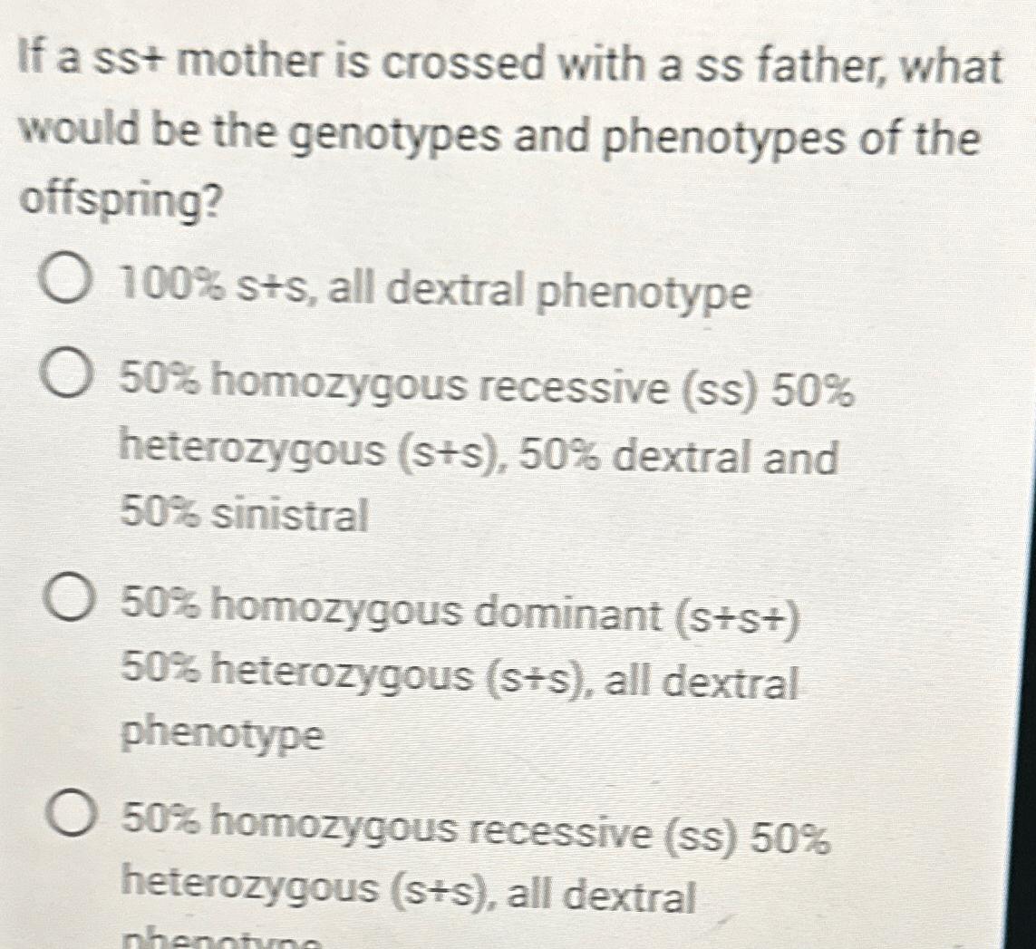 Solved If a ss+ ﻿mother is crossed with a ss father, what | Chegg.com