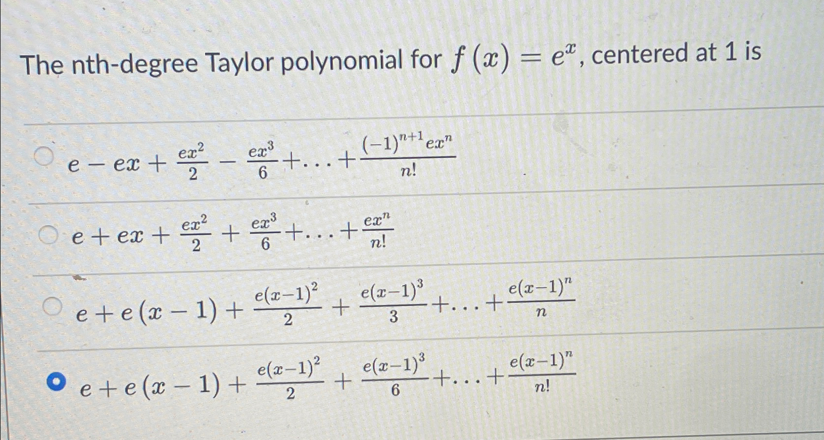 Solved The nth-degree Taylor polynomial for f(x)=ex, | Chegg.com
