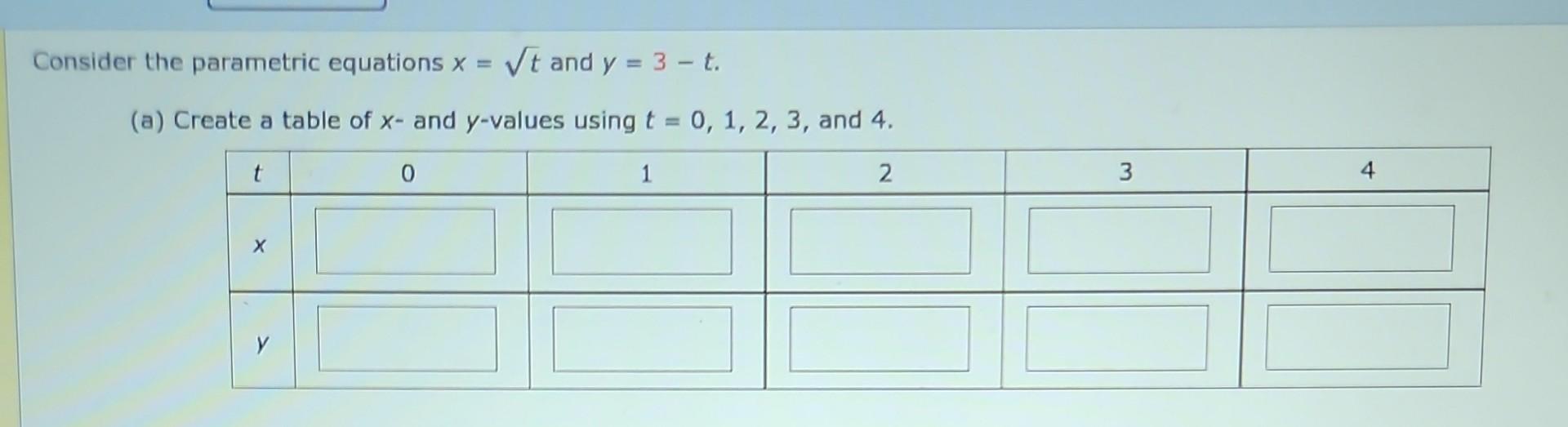 Solved Consider the parametric equations x=t and y=3−t. (a) | Chegg.com