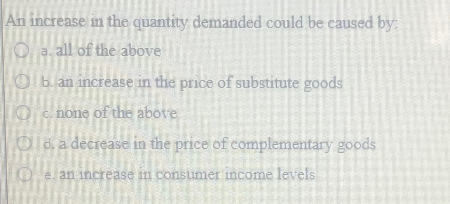 Solved An increase in the quantity demanded could be caused | Chegg.com