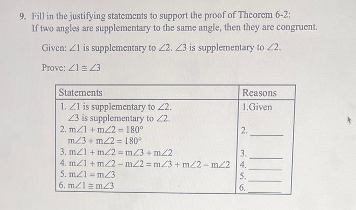 Solved 9. Fill in the justifying statements to support the | Chegg.com