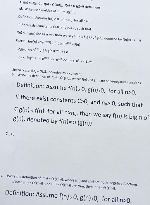 1. f(n)=O(g(n)),f(n)=Ω(g(n)),f(n)=θ(g(n)) definitions | Chegg.com