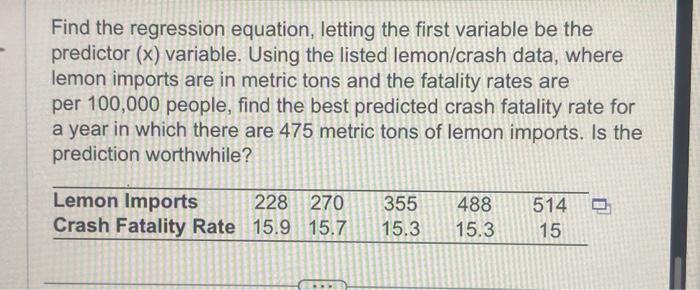 Solved Find the regression equation, letting the first | Chegg.com