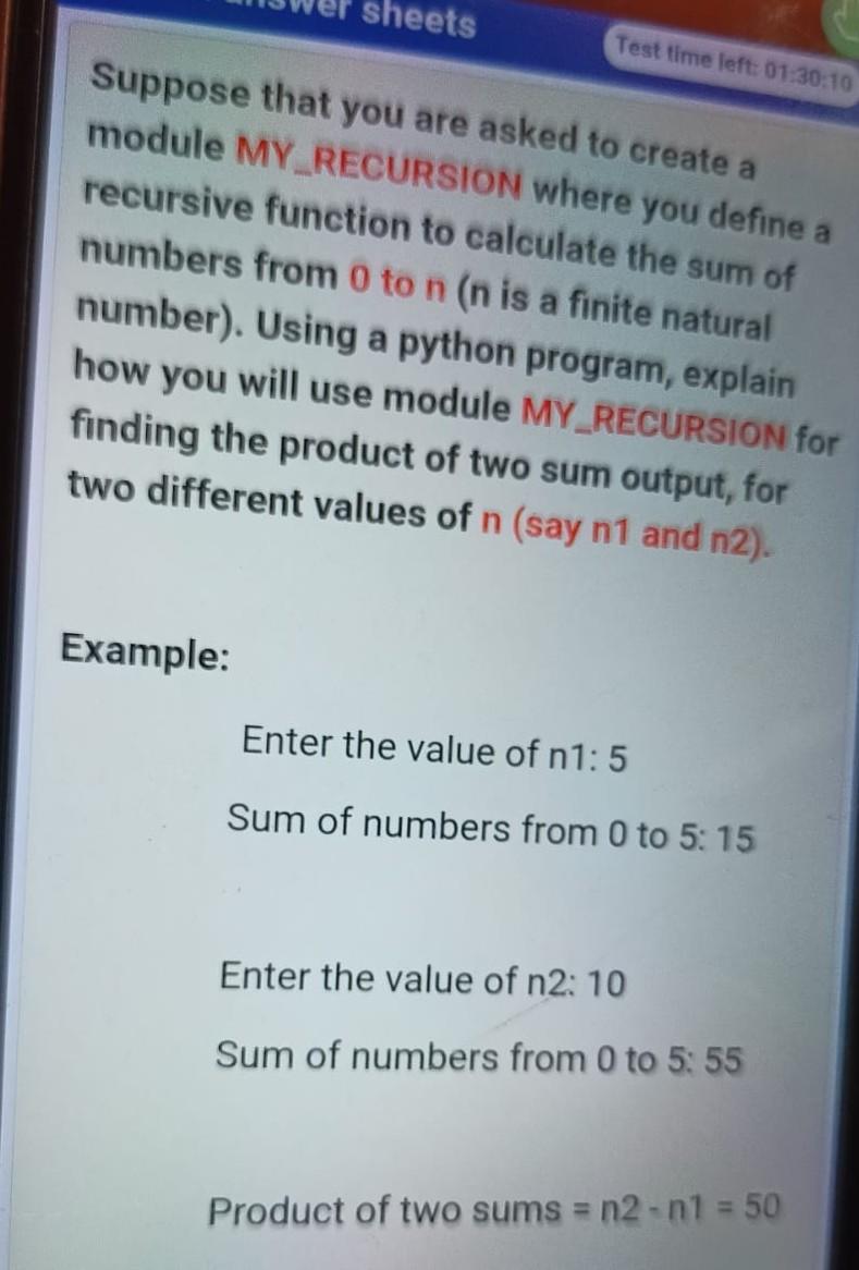 Solved sheets Test time left: 01:30:10 Suppose that you are | Chegg.com