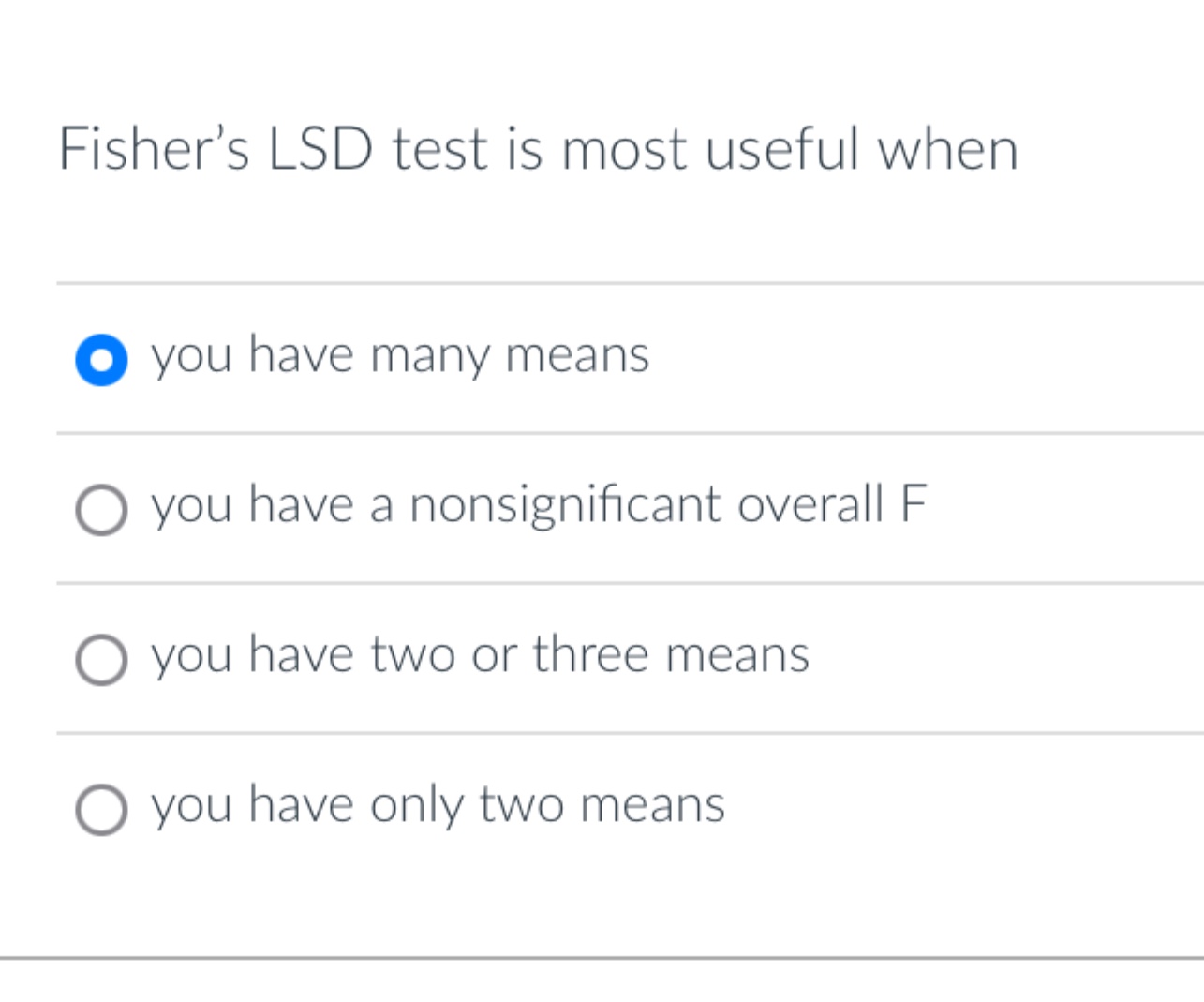 Solved Fisher's LSD test is most useful whenyou have many | Chegg.com