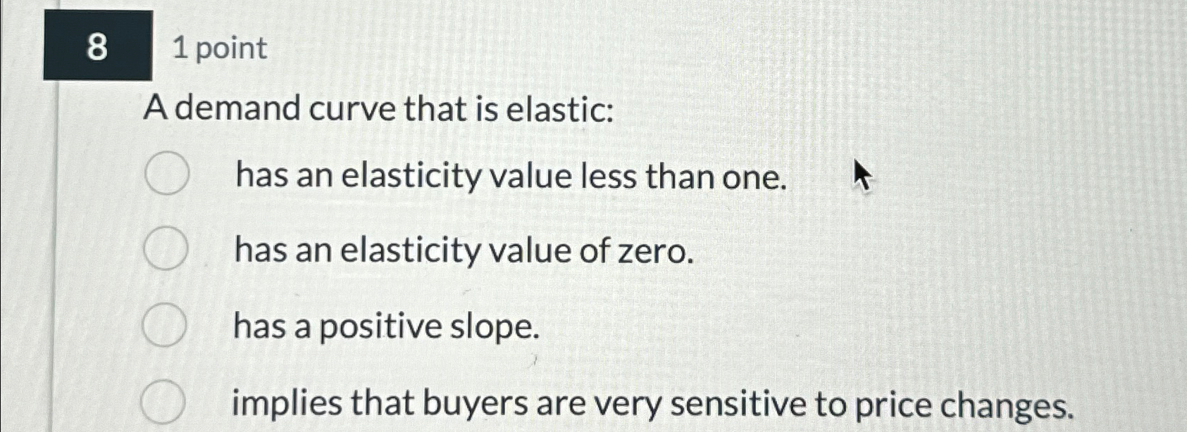 Solved 81 ﻿pointA demand curve that is elastic:has an | Chegg.com