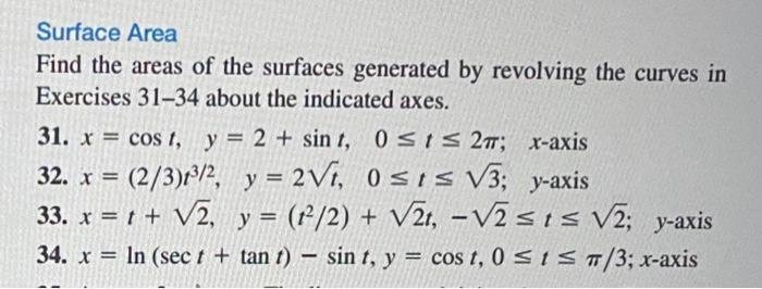 Solved Surface Area Find the areas of the surfaces generated | Chegg.com