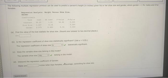 Solved The following multiple regression printout can be | Chegg.com