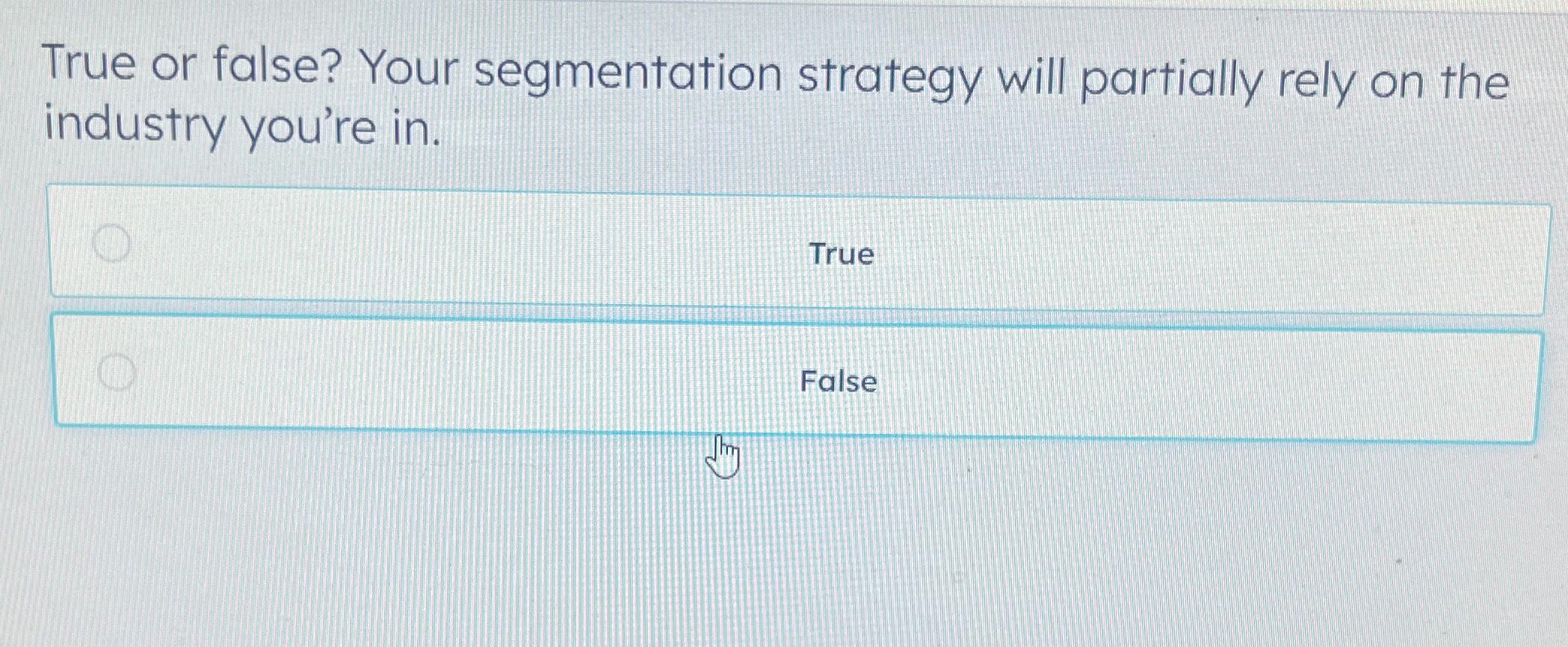 Solved True or false? Your segmentation strategy will | Chegg.com