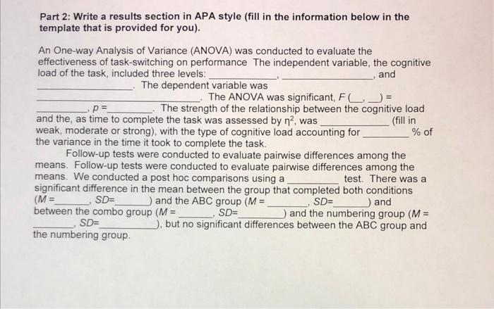 Part 2: Write a results section in APA style (fill in | Chegg.com