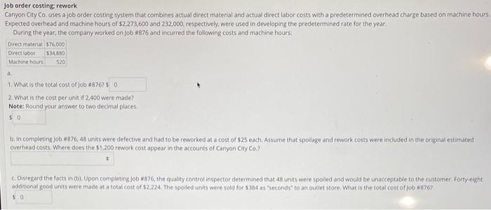 Solved Job order costing rework Canyon City Co. uses a job | Chegg.com