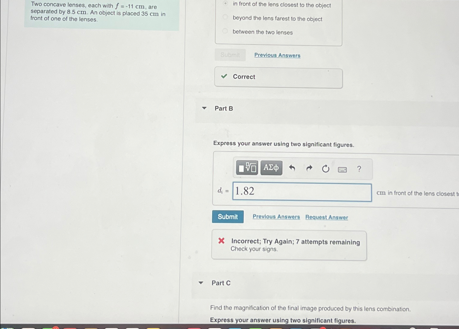 Solved PLEASE ANSWER PART B AND C Two concave lenses, each | Chegg.com