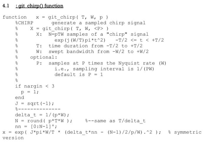 Solved 4.1 : git chirp() function function x = git_chirp ( | Chegg.com