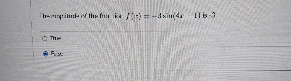 Solved The amplitude of the function f(x)=-3sin(4x-1) ﻿is | Chegg.com