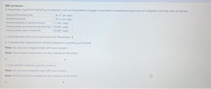 Solved DM variances In Nowember, Day Time Publohing | Chegg.com