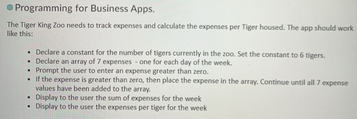 Solved Programming for Business Apps. The Tiger King Zoo | Chegg.com