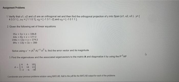 Solved Assignment Problems 1 Verify that ut, u2 and u3 are | Chegg.com