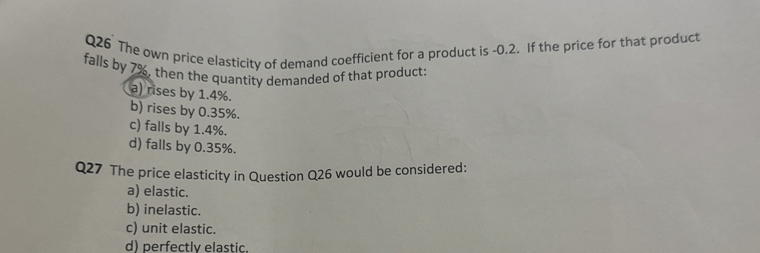 Solved Q26 ﻿The own price elasticity of demand coefficient | Chegg.com