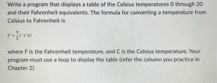 Solved Write a program that displays a table of the Celsius | Chegg.com