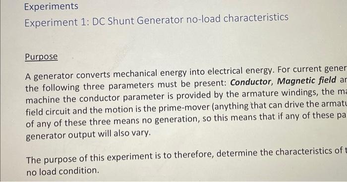 Solved Experiments Experiment 1: DC Shunt Generator no-load | Chegg.com