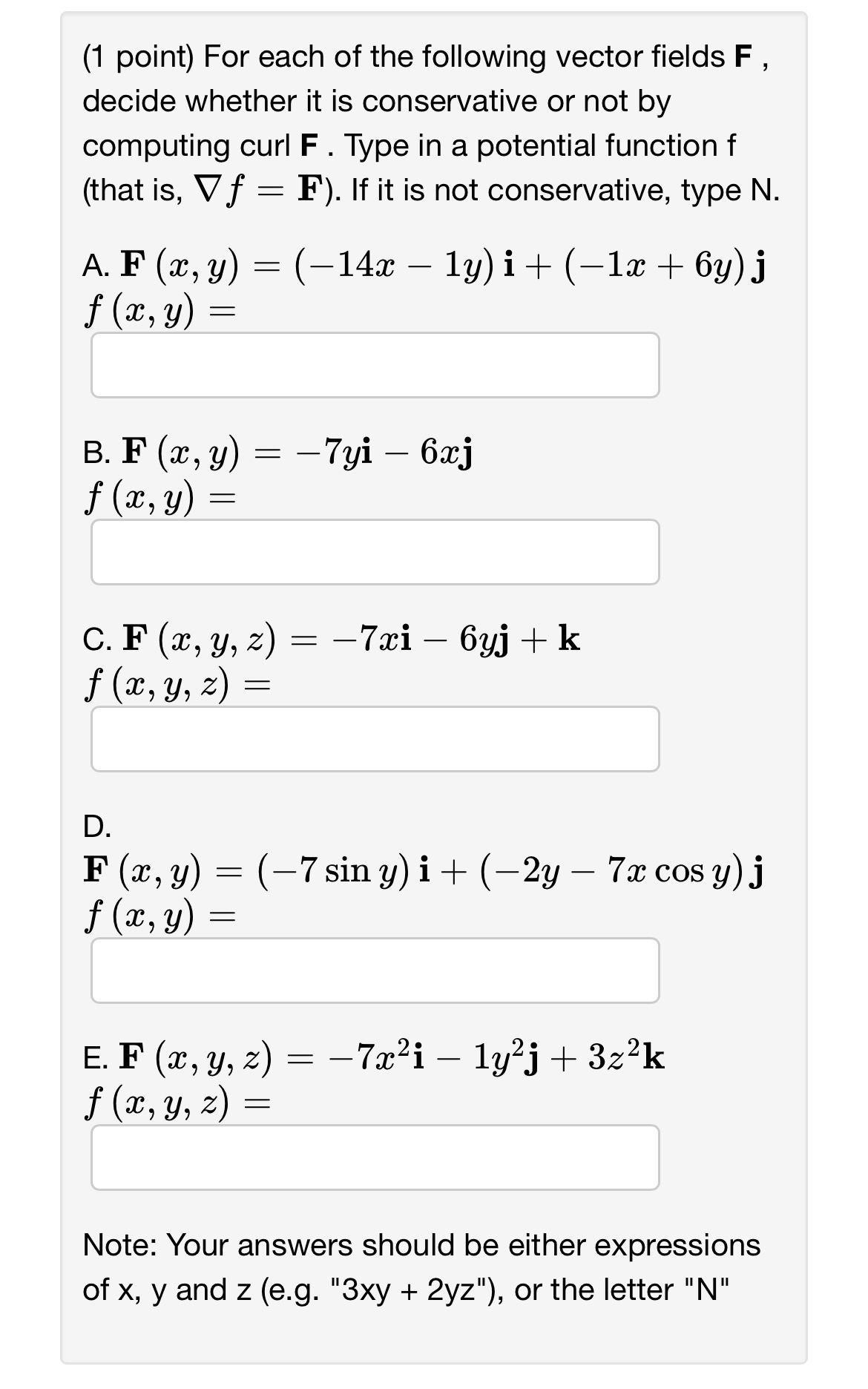 Solved (1 ﻿point) ﻿For each of the following vector fields | Chegg.com