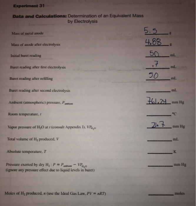 Experiment 31 Data and Calc ulations: Determination | Chegg.com