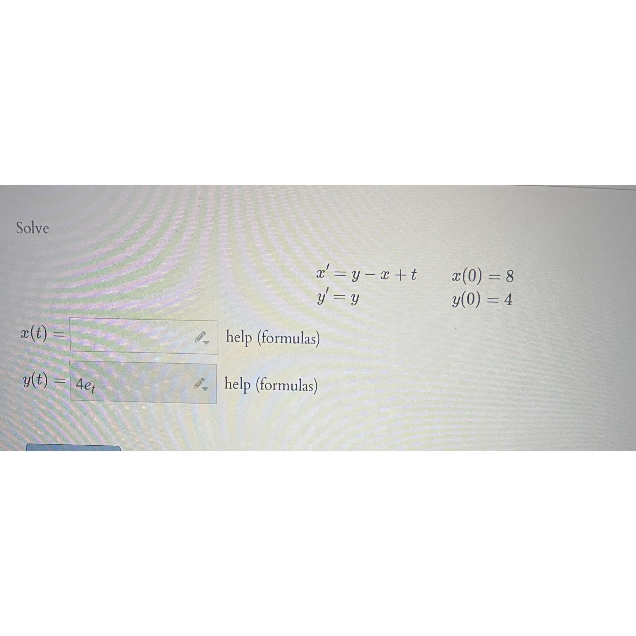 Solved Solvex'=y-x+t,x(0)=8y'=y,y(0)=4x(t)=y(t)=help | Chegg.com