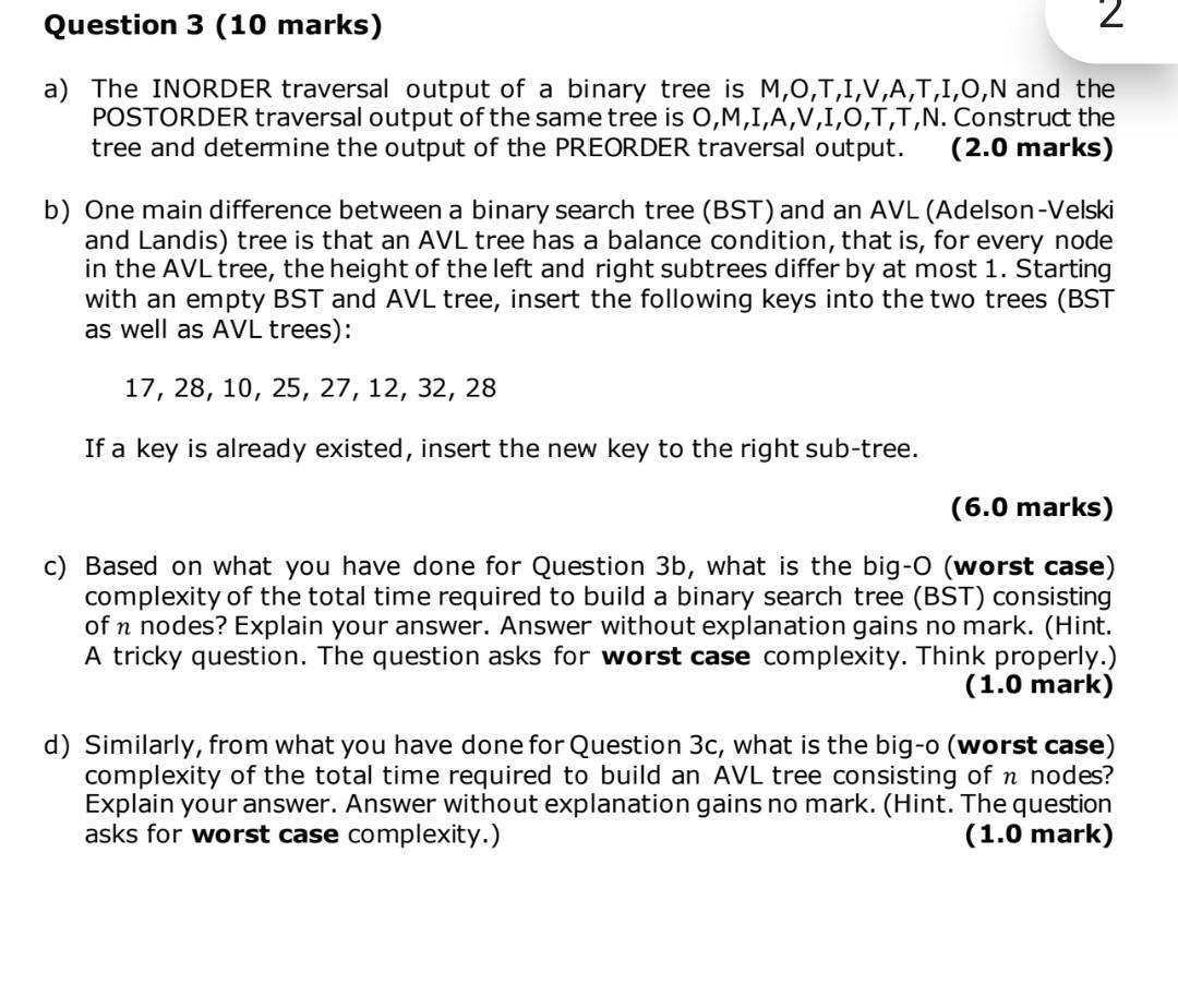 Solved a) The INORDER traversal output of a binary tree is | Chegg.com