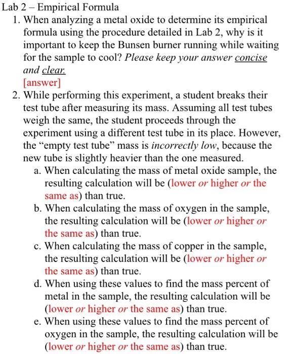 Lab 2 - Empirical Formula 1. When analyzing a metal | Chegg.com