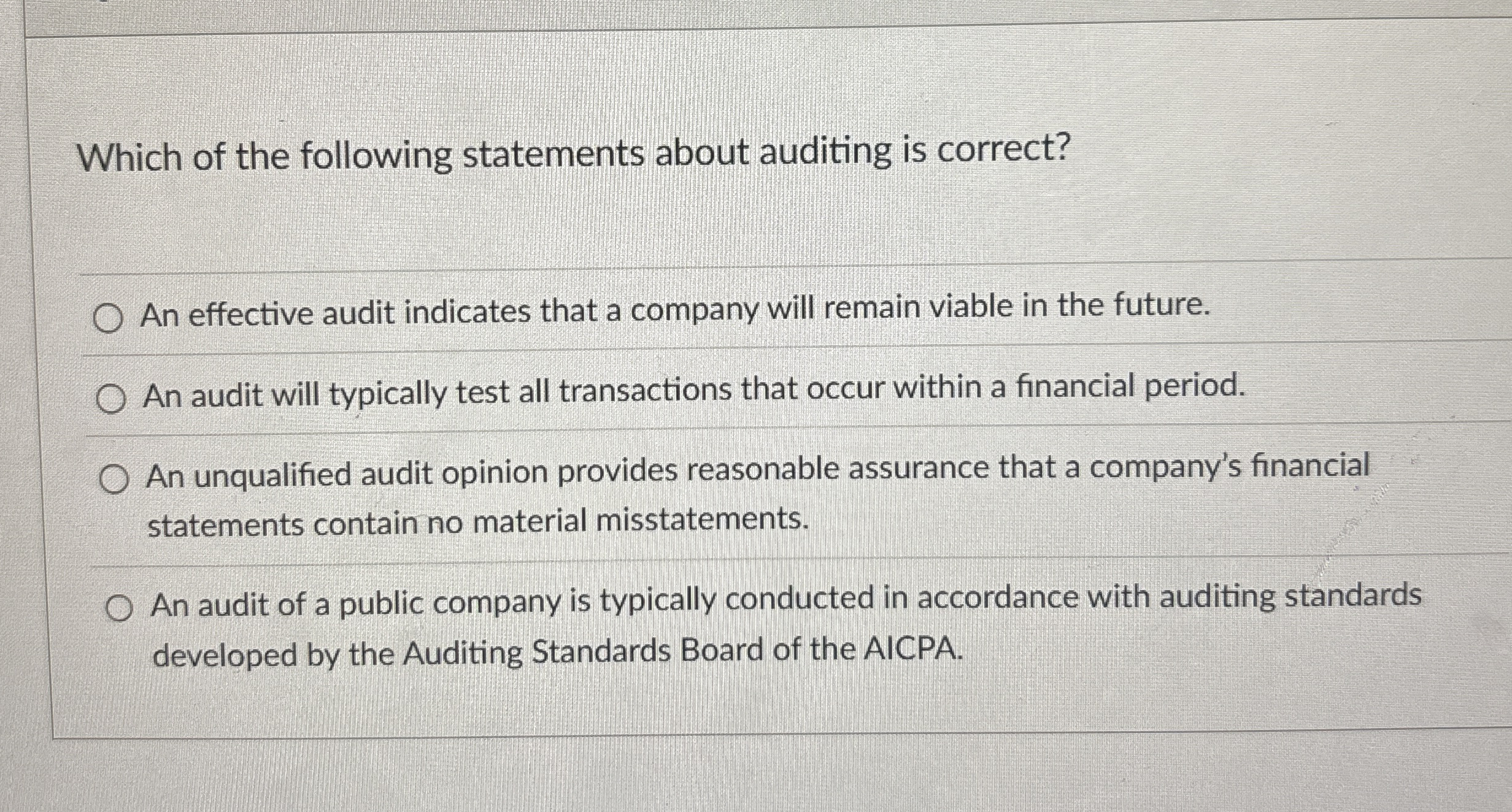 Solved Which of the following statements about auditing is | Chegg.com