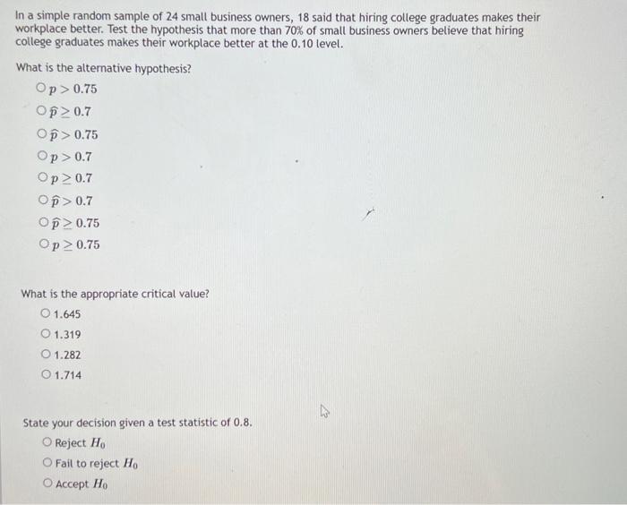 Solved In a simple random sample of 24 small business | Chegg.com