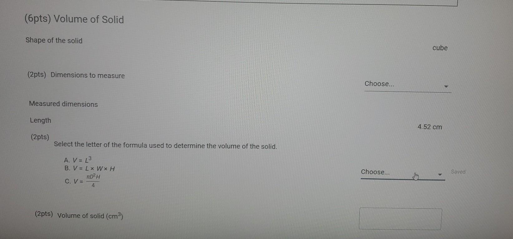 Solved (6pts) Volume of Solid Shape of the solid cube (2pts) | Chegg.com