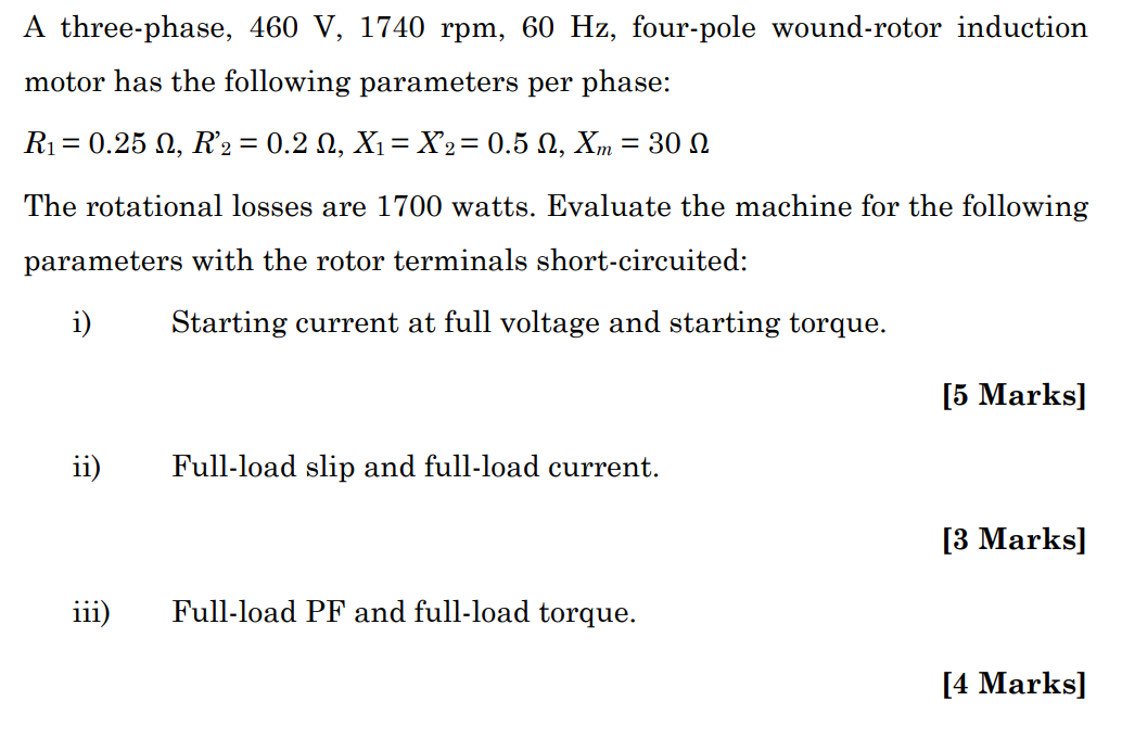 Solved A three-phase, 460V,1740rpm,60Hz, ﻿four-pole | Chegg.com