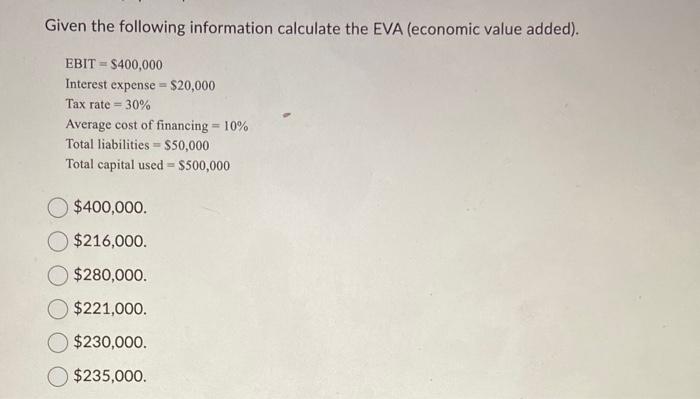Solved Given the following information calculate the EVA | Chegg.com