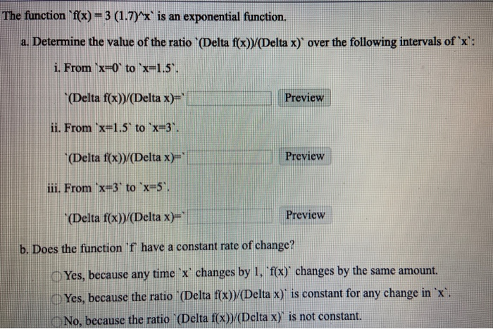 Solved The function f(x)= 3 (1.7) x is an exponential | Chegg.com
