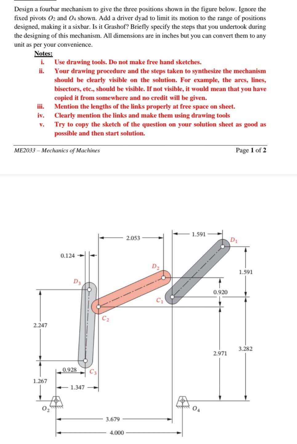 Solved Design a fourbar mechanism to give the three | Chegg.com
