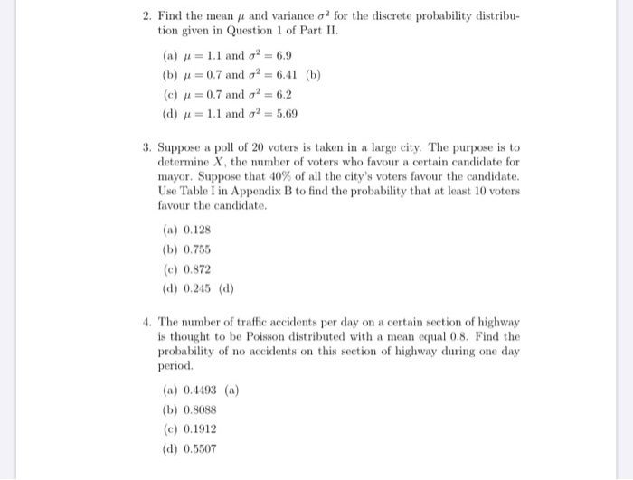Solved 2. Find the mean y and variance o2 for the discrete | Chegg.com