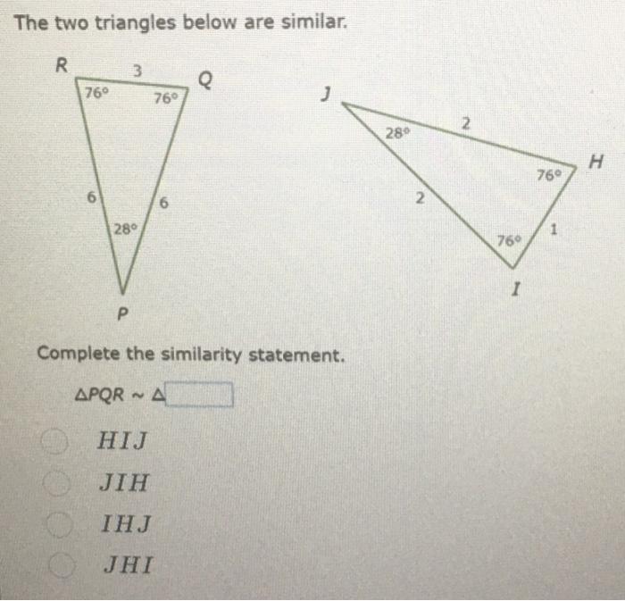 Solved The two triangles below are similar. Complete the | Chegg.com