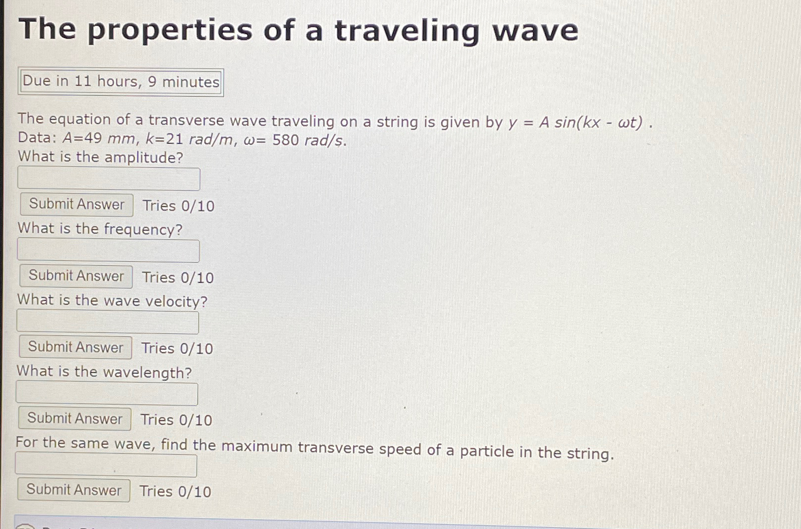 Solved The properties of a traveling waveThe equation of a | Chegg.com