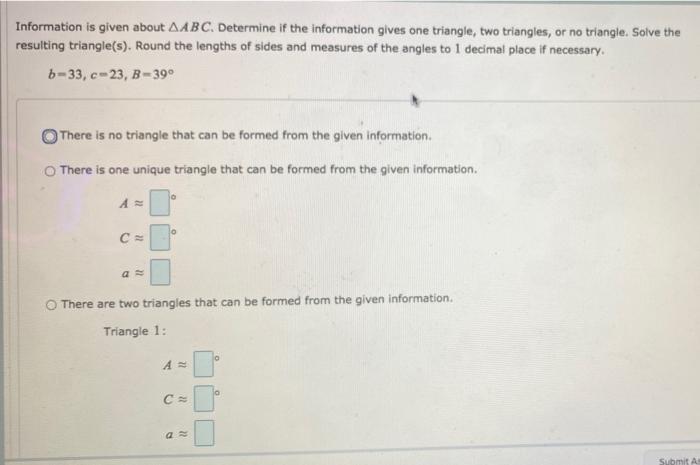 Solved Information is given about AABC. Determine if the | Chegg.com