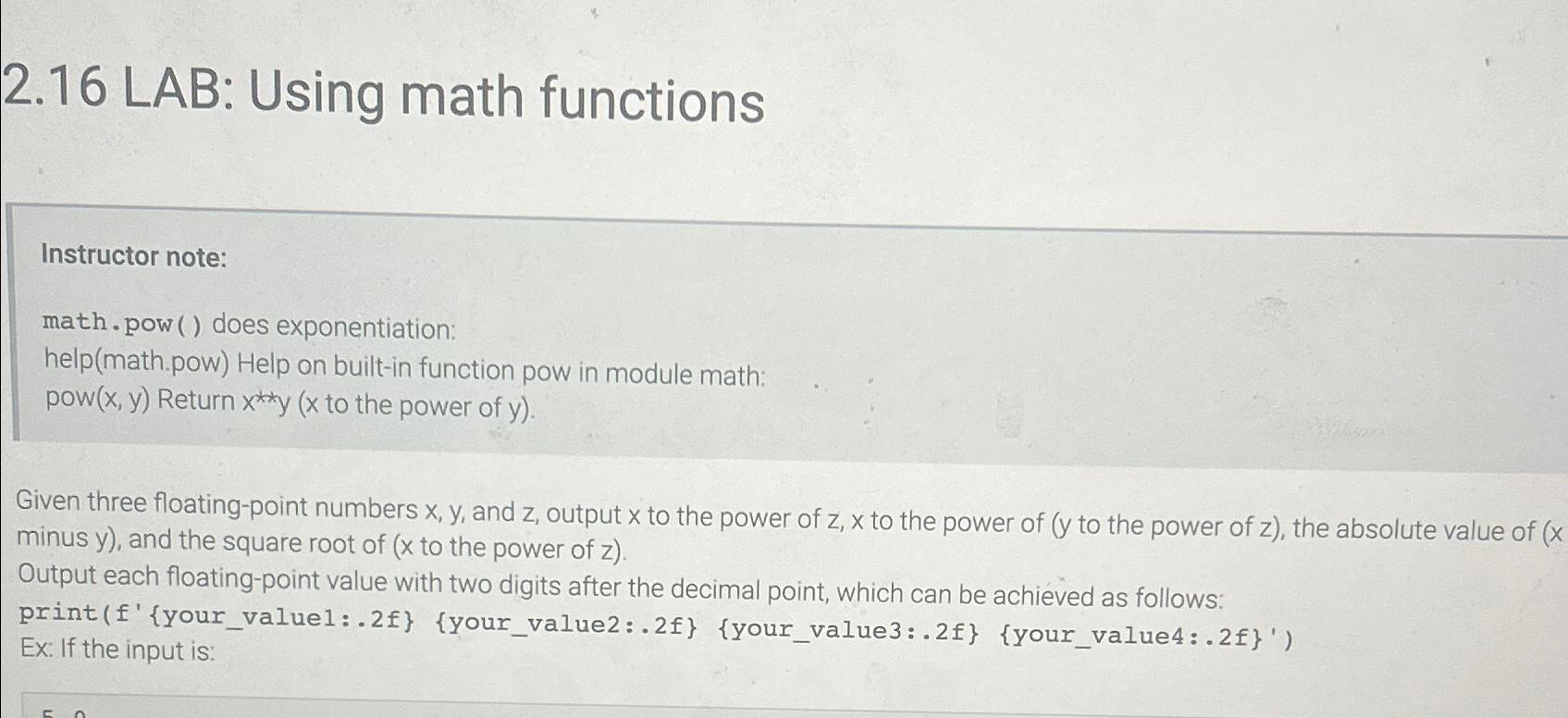 Solved 2.16 ﻿LAB: Using math functionsInstructor | Chegg.com