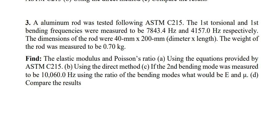 3. A aluminum rod was tested following ASTM C215. The | Chegg.com