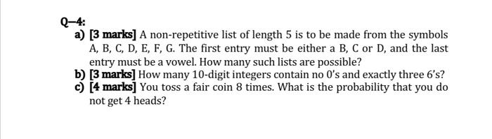 Solved Q-4: a) [3 marks] A non-repetitive list of length 5 | Chegg.com