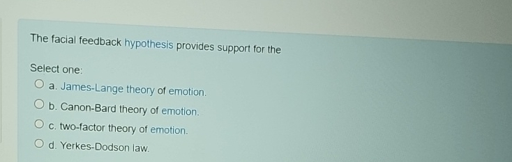 Solved The facial feedback hypothesis provides support for | Chegg.com