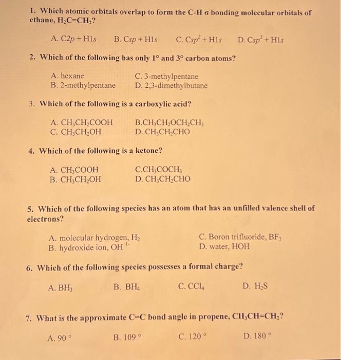 Solved 1 Which Atomic Orbitals Overlap To Form The C H O