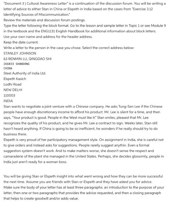 Solved "Document 3 | Cultural Awareness Letter' is a | Chegg.com