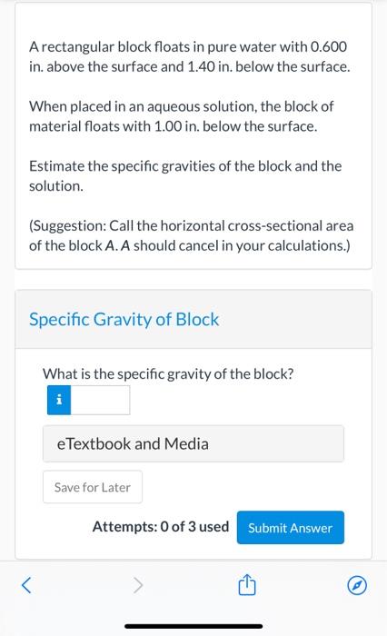 Solved A rectangular block floats in pure water with 0.600 | Chegg.com