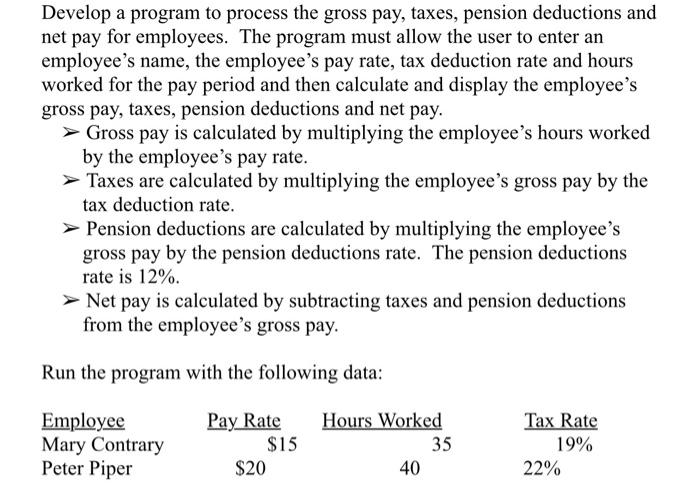Solved Develop a program to process the gross pay, taxes, | Chegg.com
