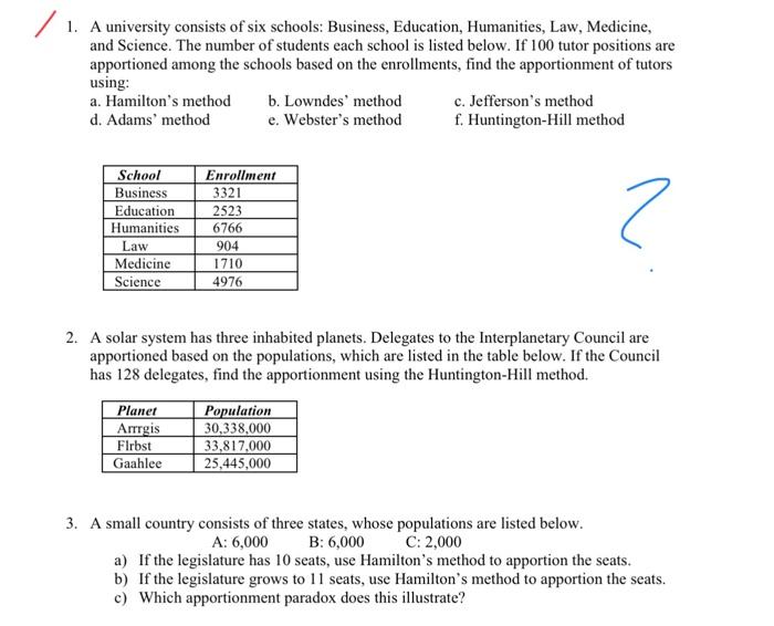 Solved 1. A university consists of six schools: Business, | Chegg.com
